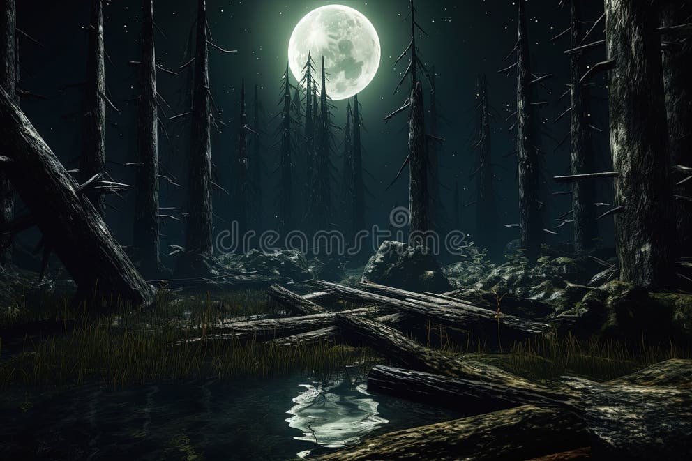 Mystical Midnight Forest Illuminated by a Full Moon and Creeping ...