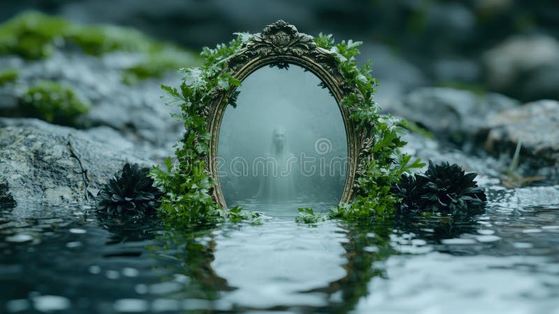 Mystical Mirror in Enchanted Forest Stock Illustration - Illustration ...