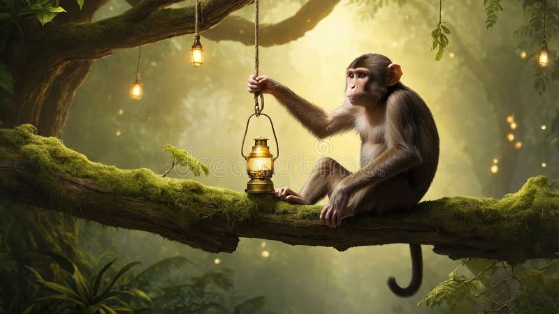 Mystical Monkey with Lantern in Enchanted Forest Stock Illustration ...