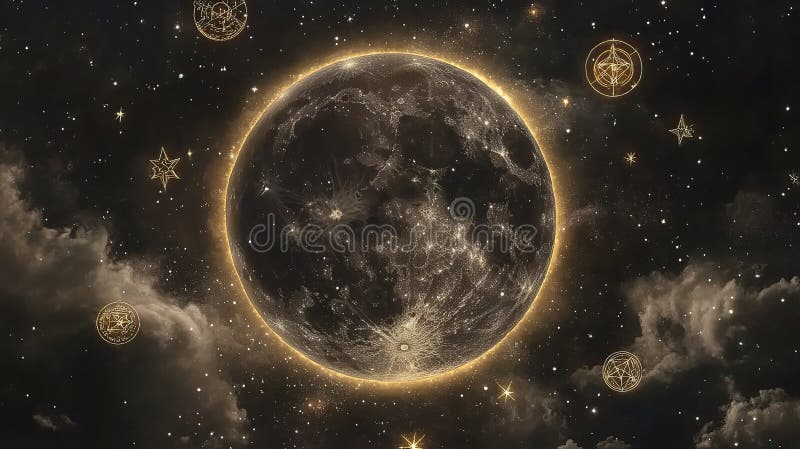 Mystical Moon in Dark Space with Golden Celestial Elements Stock Image ...