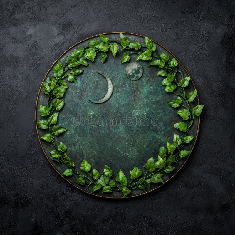 Mystical Moon and Leaf Wreath on Dark Background Stock Illustration ...