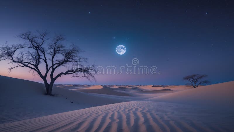 Mystical Moonlight Over Desert Landscape Nighttime Sky Stock Photos ...