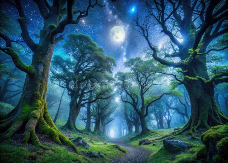 Mystical Moonlit Forest Path a Serene Night Landscape Bathed in ...