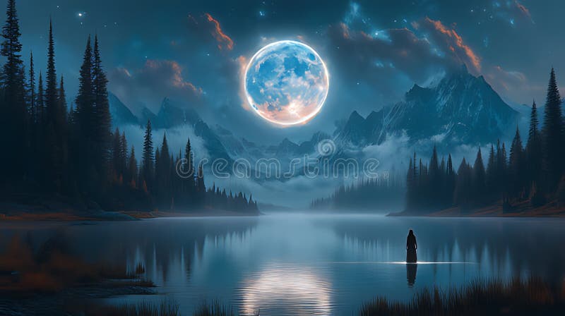 Mystical Moonlit Lake Scene with a Lone Figure, Mountains, and Forest ...