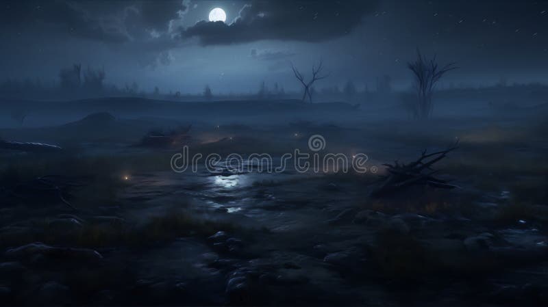 Mystical Moonlit?? Landscape with Glowing Mushrooms and Dead Trees in ...