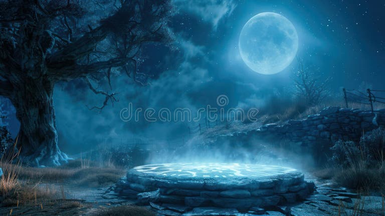 Mystical Moonlit Pool in Enchanted Forest Landscape Stock Illustration ...