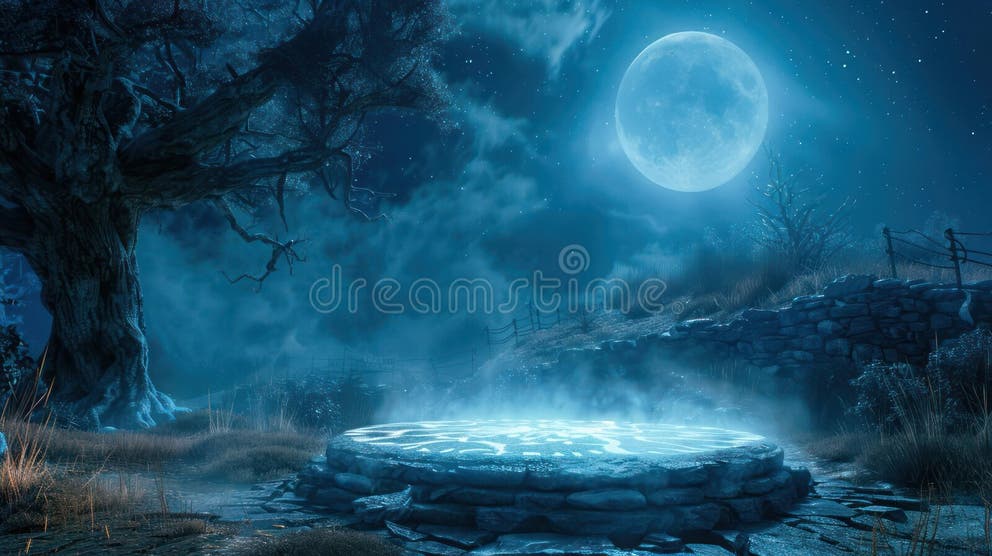 Mystical Moonlit Pool in Enchanted Forest Landscape Stock Illustration ...