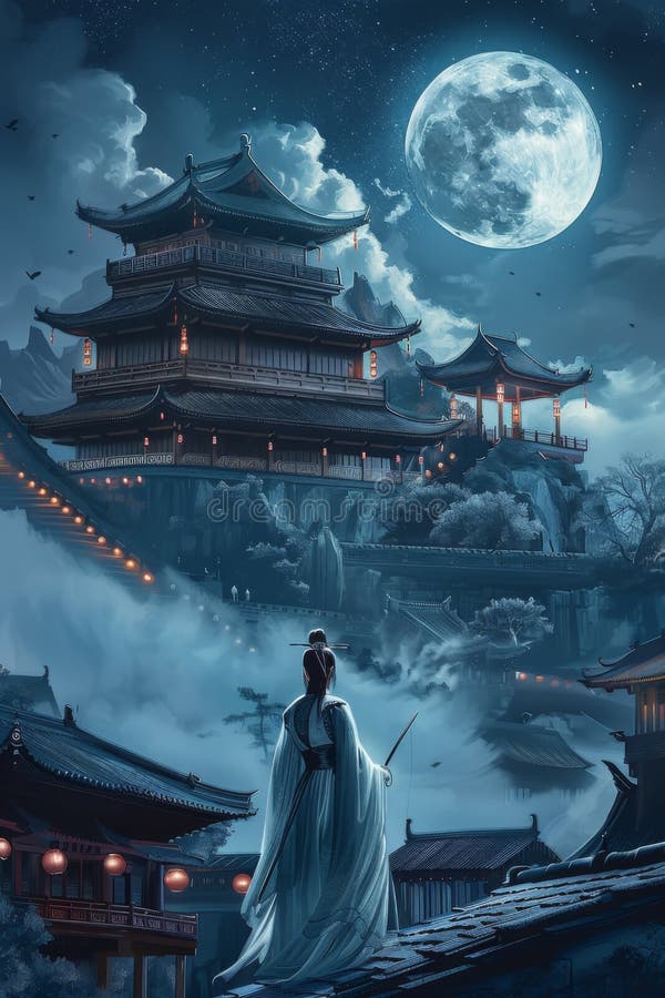 Mystical Moonlit Temple at Night with Samurai and Lanterns Stock Photo ...