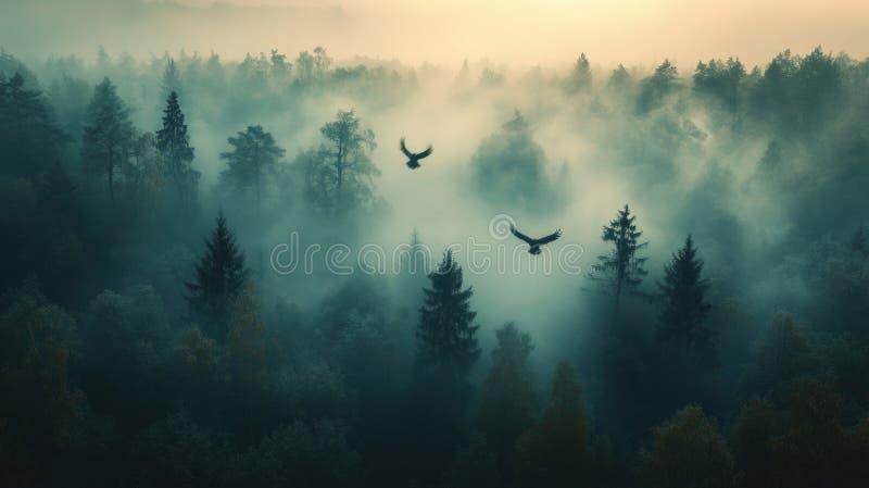 Mystical Morning Mist Over Forest with Birds Soaring Stock Photo ...