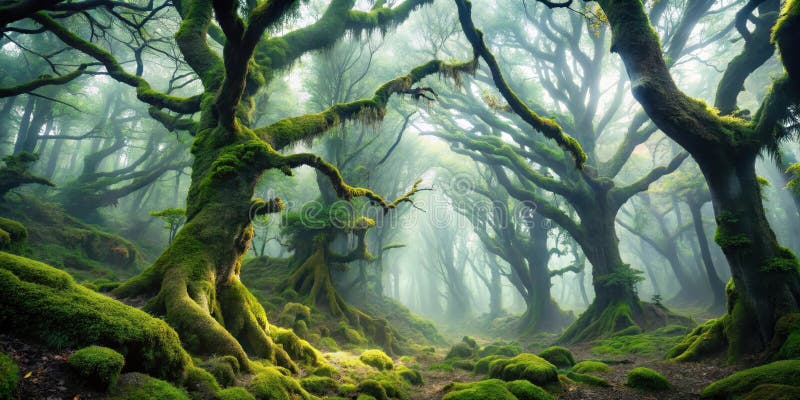 Mystical Moss-draped Trees in an Enchanting Foggy Forest. Generative AI ...