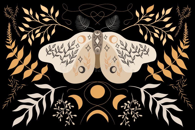 Mystical Moth, Moon and Floral Elements on Dark Background Stock ...