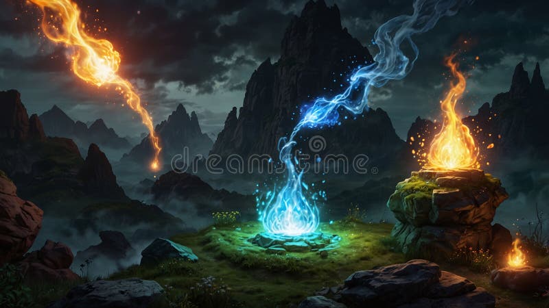 Mystical Mountain Landscape with Glowing Fire and Water Elements in a ...