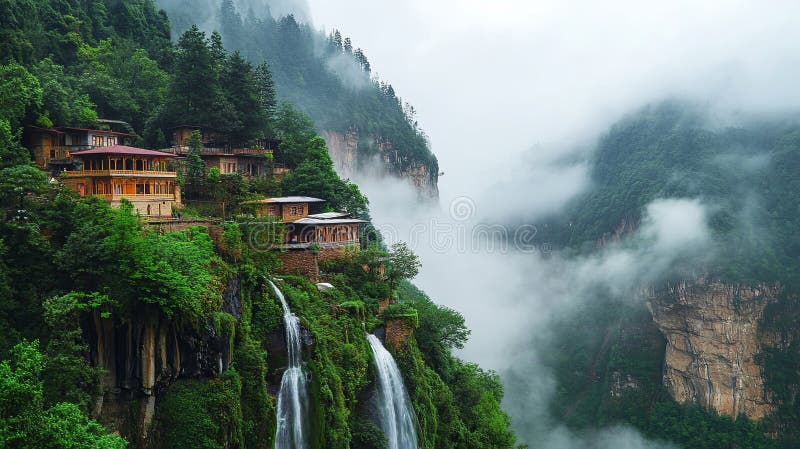 A Mystical Mountain Monastery Hidden in the Clouds with Cascading Stock ...