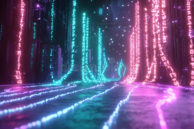 Mystical Neon Pathway with Glowing Symbols and Futuristic Lights Stock ...