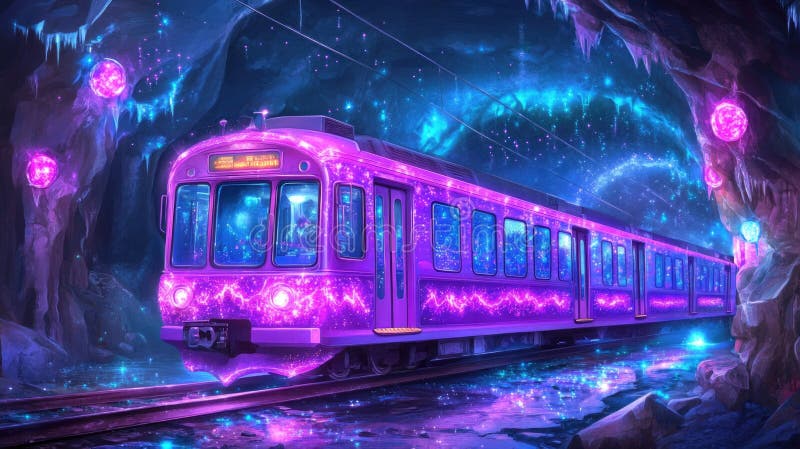 Mystical Neon Train Journey through Enchanted Cave with Glowing ...