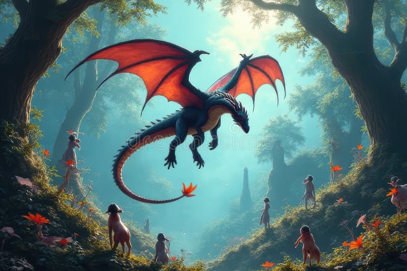 Mystical Nether Dragon Soaring through Enchanted Forest Scene Stock ...