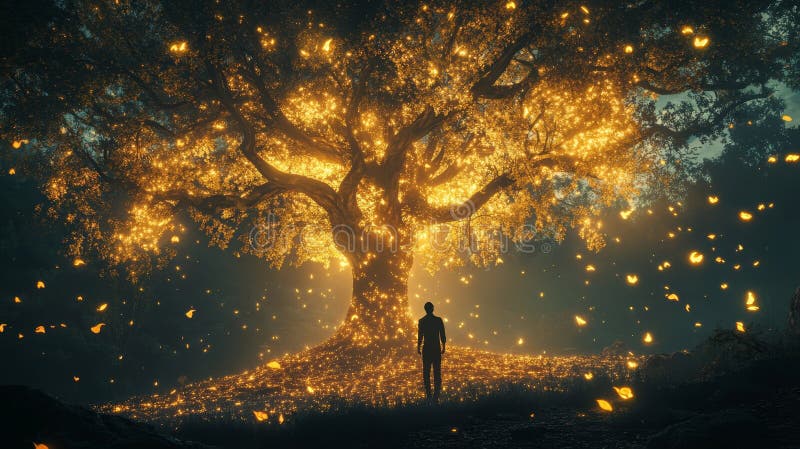 A Mystical Night in an Enchanted Forest a Glowing Tree and a Man in Awe ...