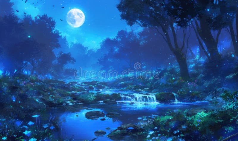 Mystical Night Forest with Moonlit Stream Stock Illustration ...