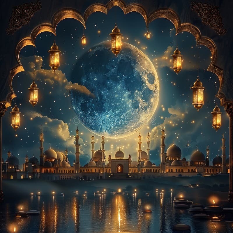Mystical Night Mosque by Moonlight, Illuminated by Lanterns Stock ...