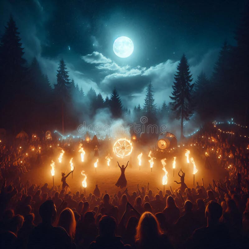 Mystical Night Scene with a Crowd Around Fire Performers Under a Full ...