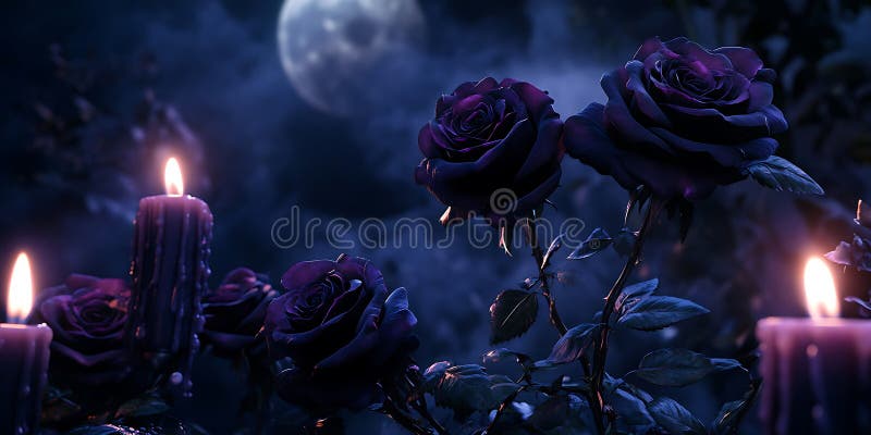Mystical Night Scene Dark Roses Candles and a Full Moon Stock ...