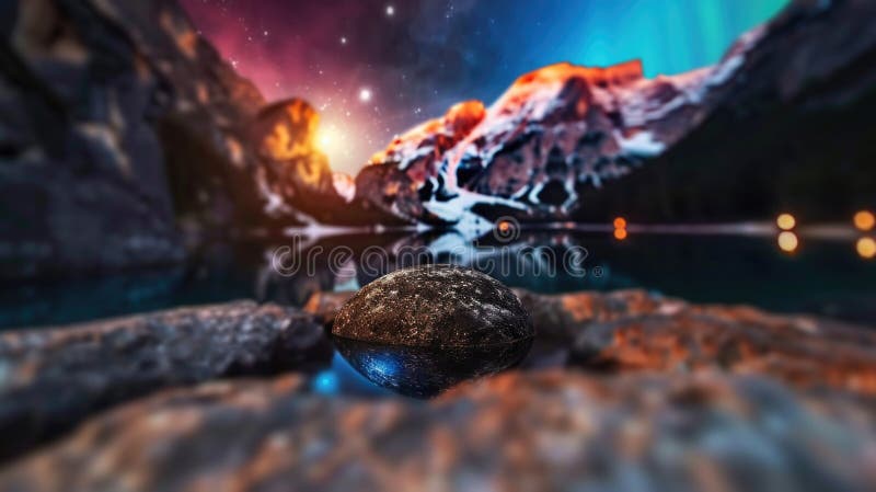 Mystical Night Sky Over Snowy Mountains with Glowing Stone on Shore ...
