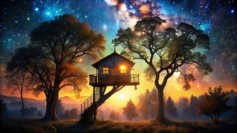 Mystical Nightfall a Glowing Treehouse Silhouette Beckons in a ...