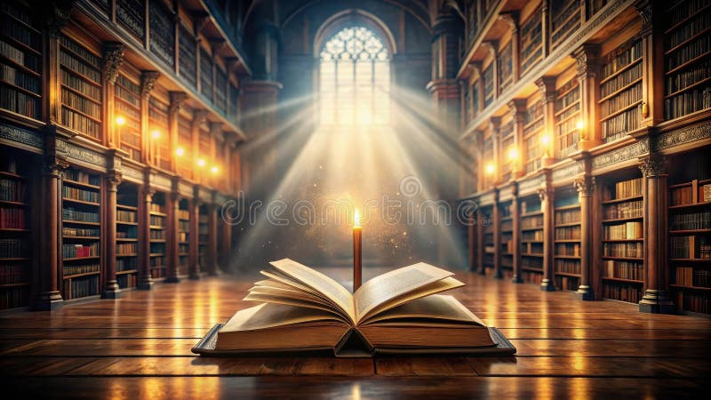 A Mystical Open Book with a Candle Flame in a Grand Library Setting ...