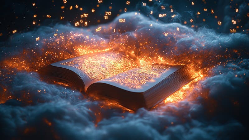 A Mystical Open Book Glowing Amidst Ethereal Clouds, Representing ...