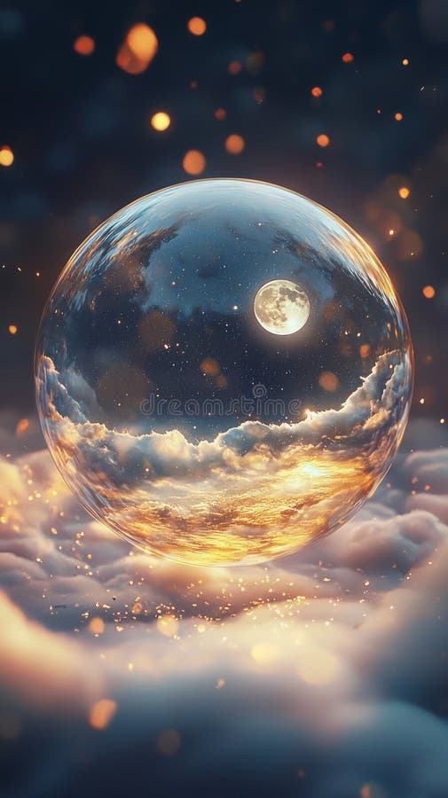 A Mystical Orb Reflecting Clouds and the Moon in a Surreal Dreamscape ...