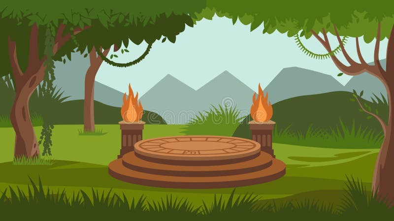 Mystical Outdoor Platform Surrounded by Lush Greenery and Mountains ...