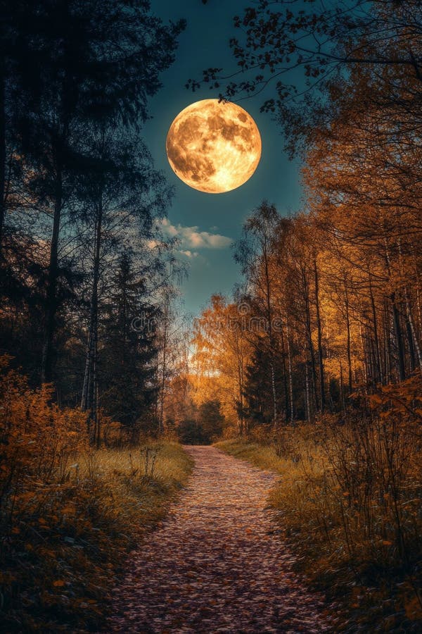 Magical Golden Forest Night Enchanting View Illuminated Trees Stock ...