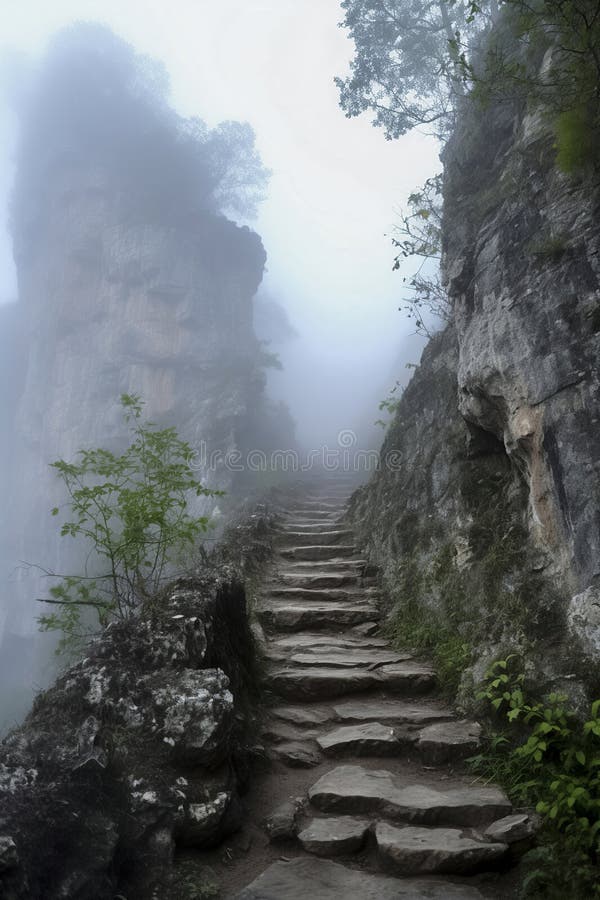 A Mystical Pathway with Stone Steps, Nestled between Foggy Cliffs and ...