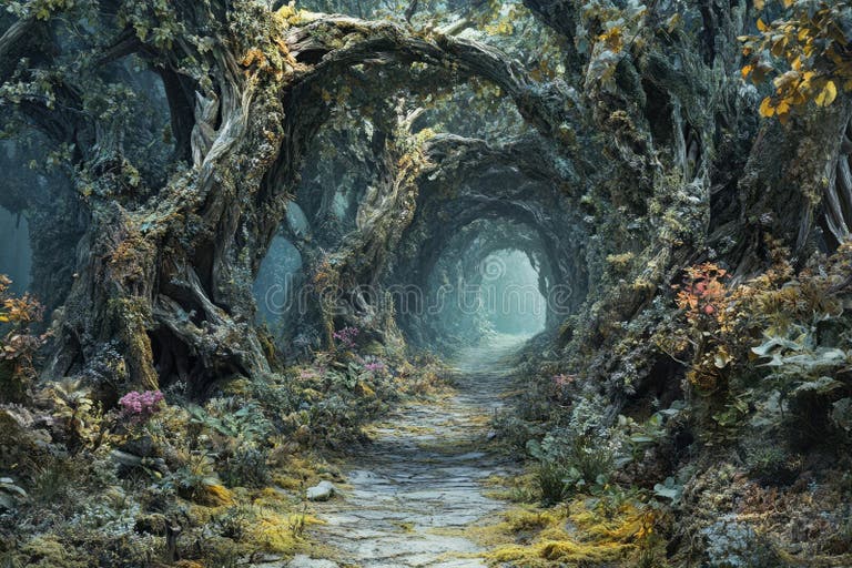 Enchanted Forest Pathway with Twisted Trees and Vibrant Flora during ...