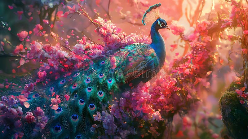 A Mystical Peacock Surrounded by Blooming Flowers in a Magical ...