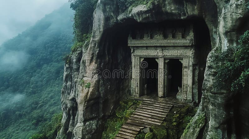 A Mystical Peak with a Hidden Temple Stock Illustration - Illustration ...