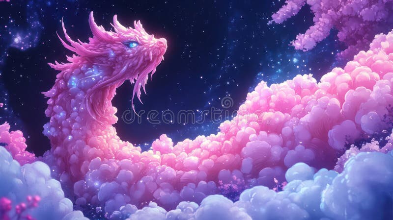 A Mystical Pink Dragon Emerges from Fluffy Clouds Under a Starry Night ...