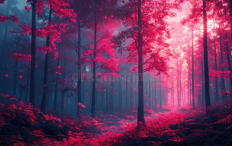 Mystical Pink Forest with Glowing Trees and a Fog Filled Path Stock ...