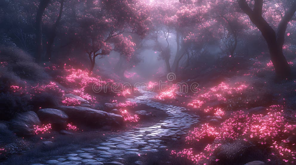 Mystical Pink Forest Path at Twilight Stock Illustration - Illustration ...