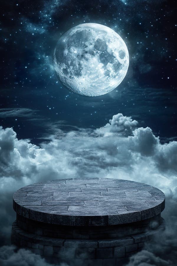 Mystical Platform Under Full Moon, Enchanting Night Sky and Clouds ...
