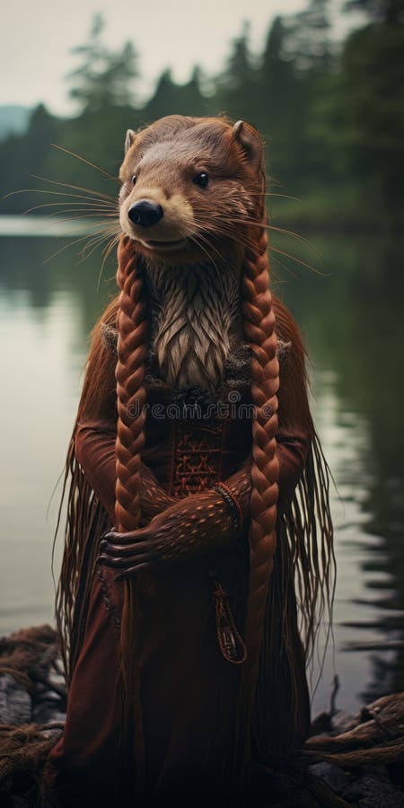 Mystical Portrait of Otter with Braids and Wig on the Shore Stock ...