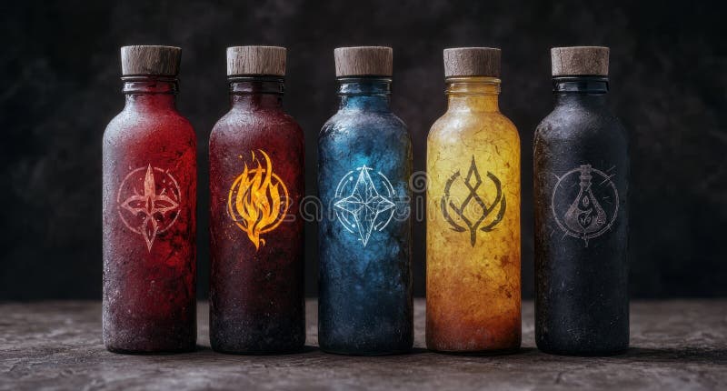Mystical Potion Bottles with Elemental Symbols Stock Illustration ...