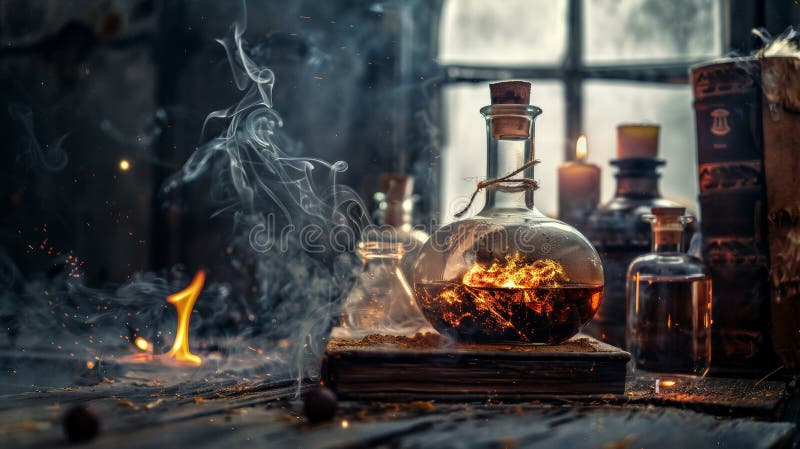 Mystical Potion Bottles with Smoke and Fire Stock Photo - Image of ...