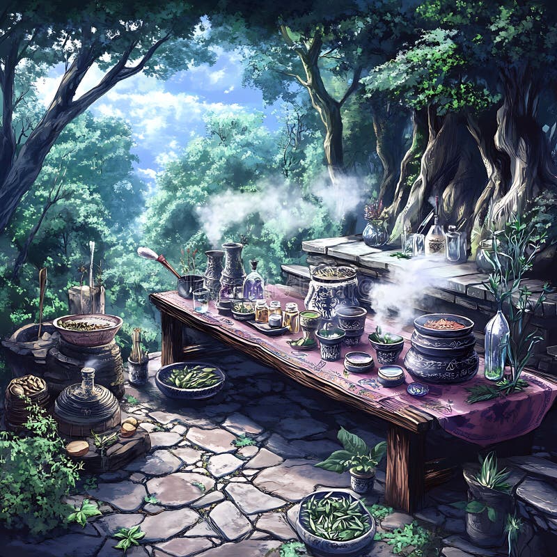 Mystical Potion Brewing in a Forest Setting Stock Illustration ...