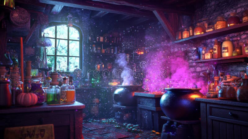 A Mystical Potion-Making Room with Bubbling Cauldrons Stock ...