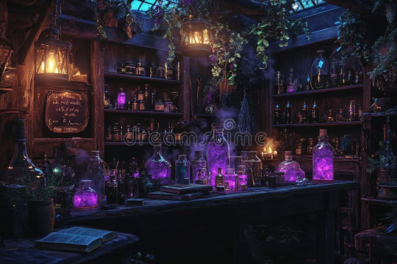 A Mystical Potion Shop with Glowing Bottles and Books Stock ...