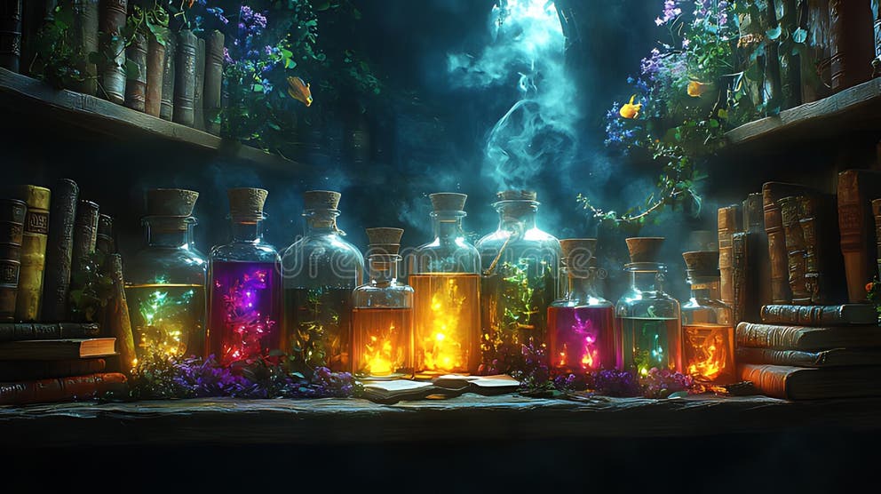 Mystical Potions Glowing, Library Backdrop, Fantasy, Magic Stock ...