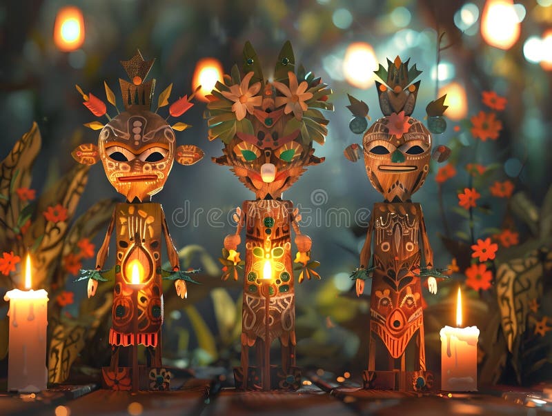 Mystical Puppet Ritual with Carved Wooden Figures Flickering ...