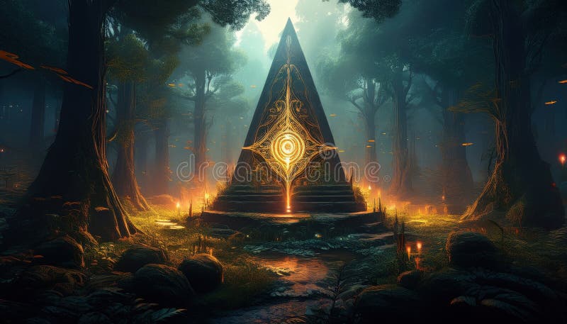 Mystical Pyramid Glowing Amidst Ancient Trees Stock Image - Image of ...