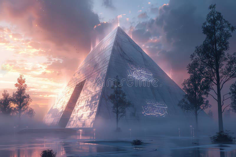 Mystical Pyramid Structure with Clouds and Trees at Sunset Stock Image ...